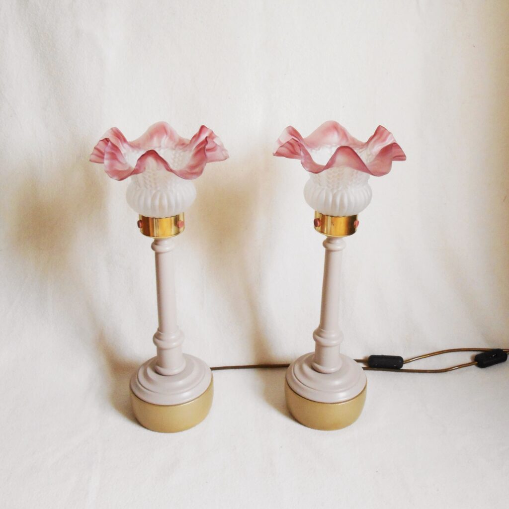 Pair of Art Deco style table lamps with frilly pink glass shades ...